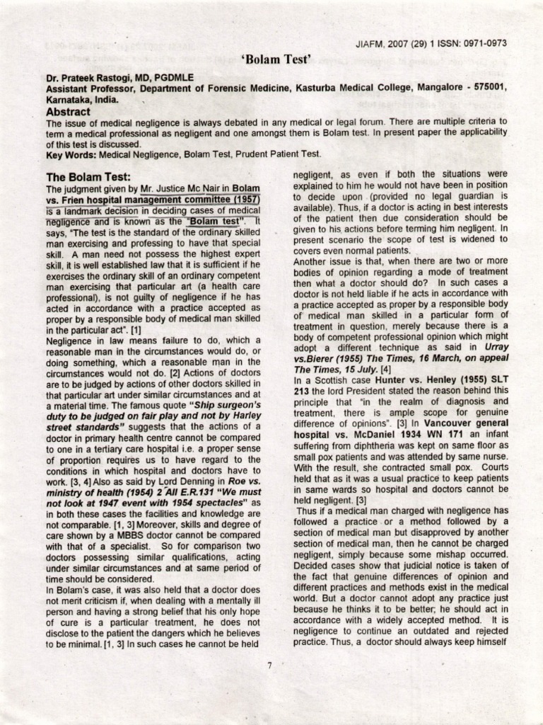 Bolam Test PDF | Download Free PDF | Physician | Negligence
