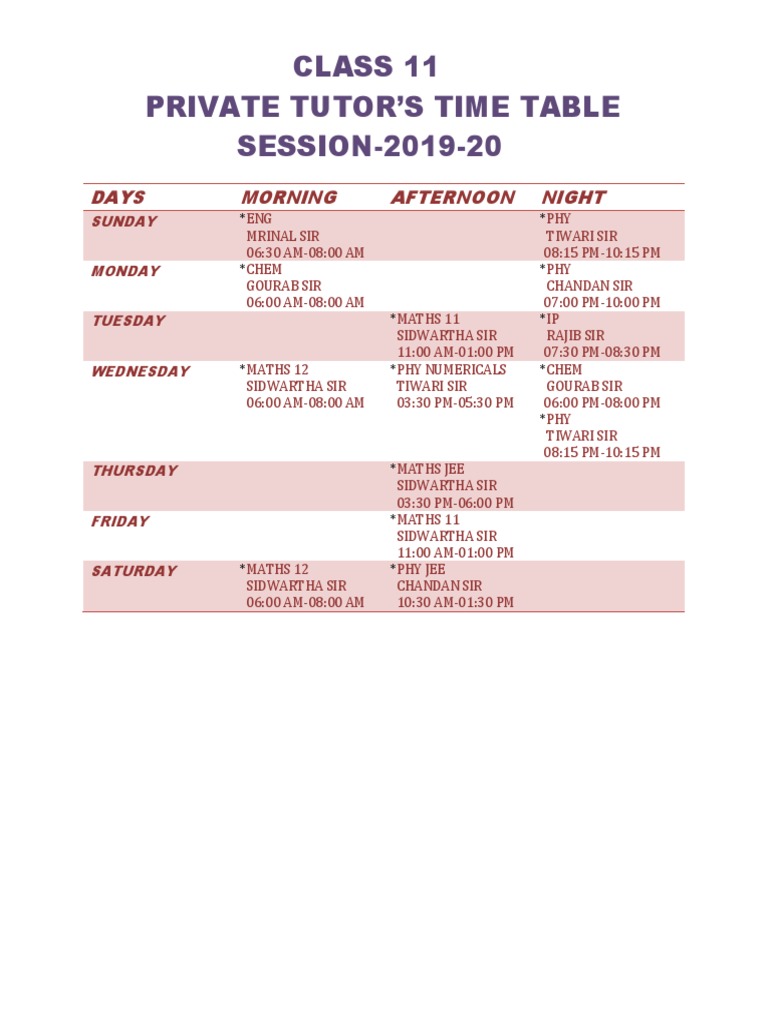Class 11 Private Tutor'S Time Table SESSION-2019-20: Days Morning ...