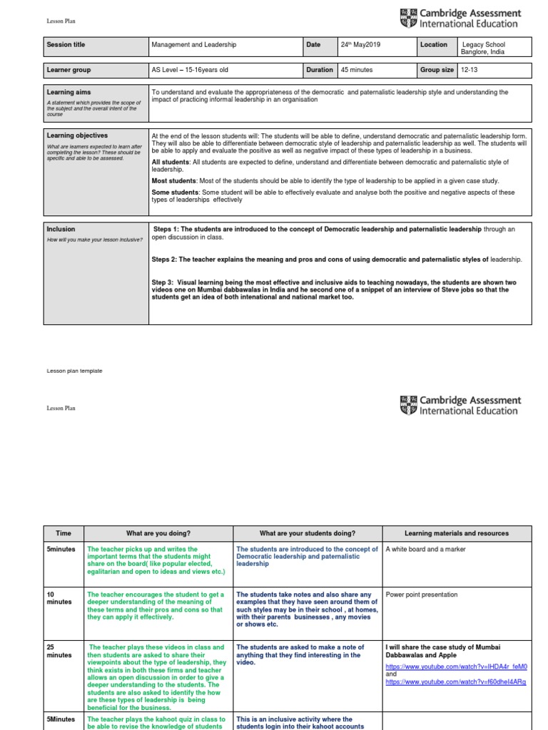 Lesson Plan On Leadership Styles Pdf Lesson Plan Leadership
