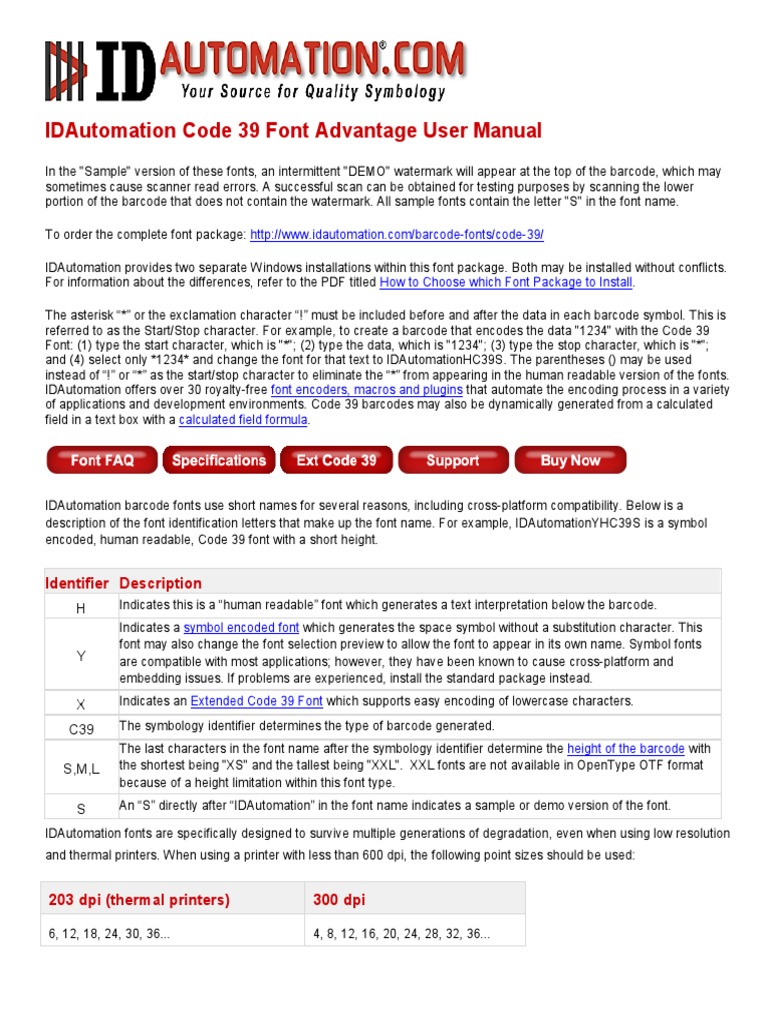 IDAutomation Code 39 Font Manual | PDF | Barcode | Identifier