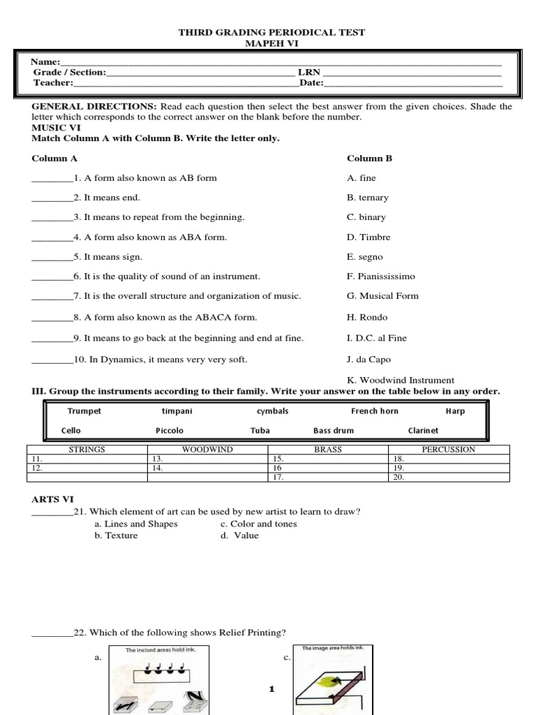 Third Grading Periodical Test in Mapeh 6 2017-2018 Deped | PDF ...