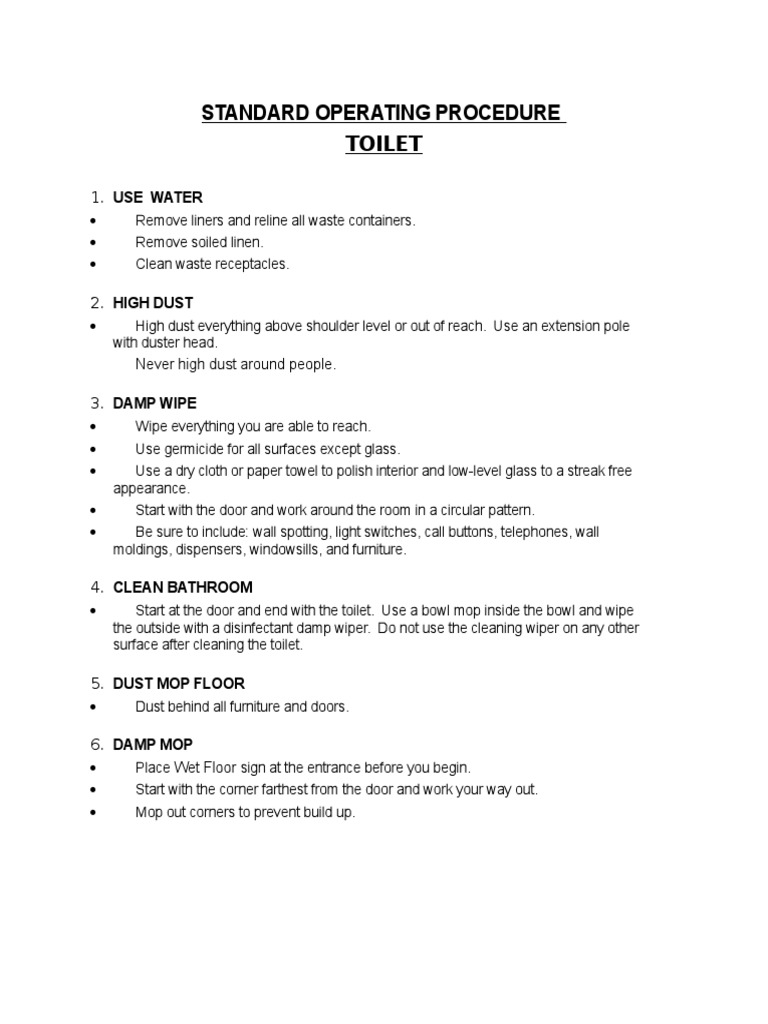 Standard Operating Procedure Toilet: 1. Use Water | PDF