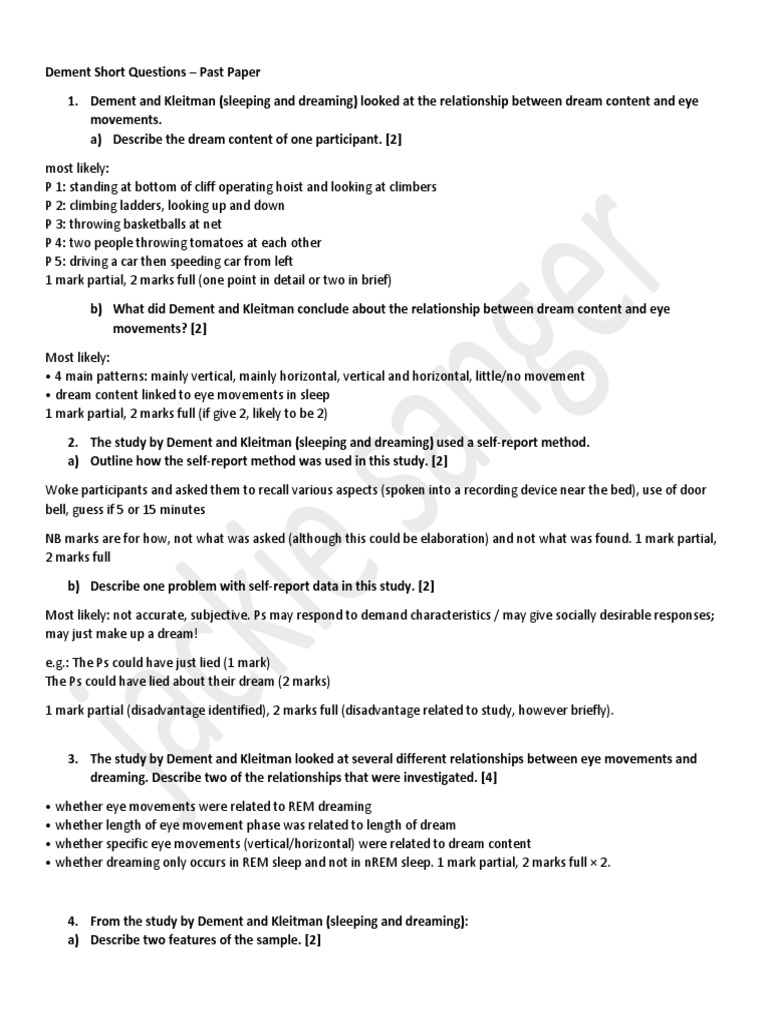 Dement and Kleitman Short Questions | PDF | Rapid Eye Movement Sleep ...