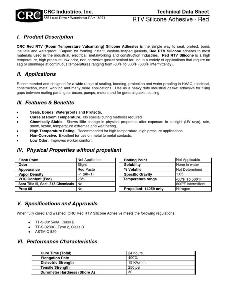 RTV Silicone Adhesive - Red: I. Product Description | PDF | Silicone ...