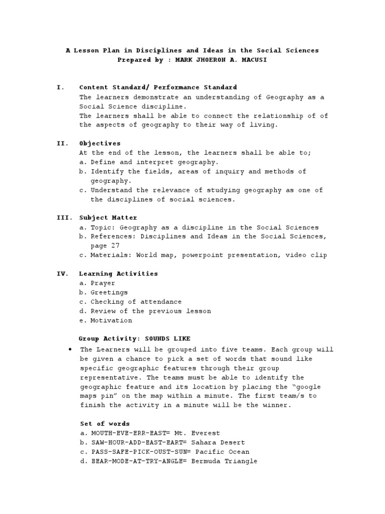 A Lesson Plan in Disciplines and Ideas in The Social Sciences | PDF ...