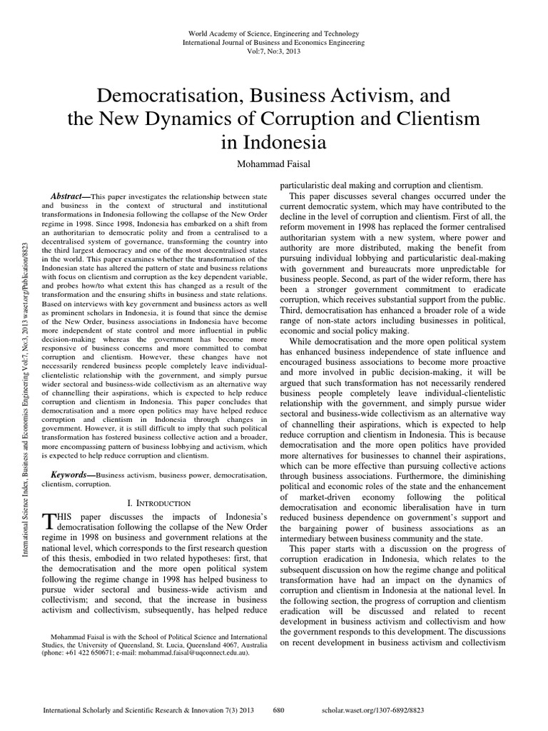 Democratisation Business Activism and The New Dynamics of Corruption ...