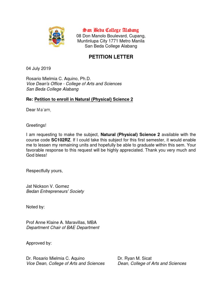 San Beda College Alabang: Petition Letter | PDF | Science & Mathematics