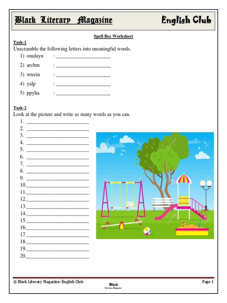 Spell Bee Worksheet - Grade 1 | PDF