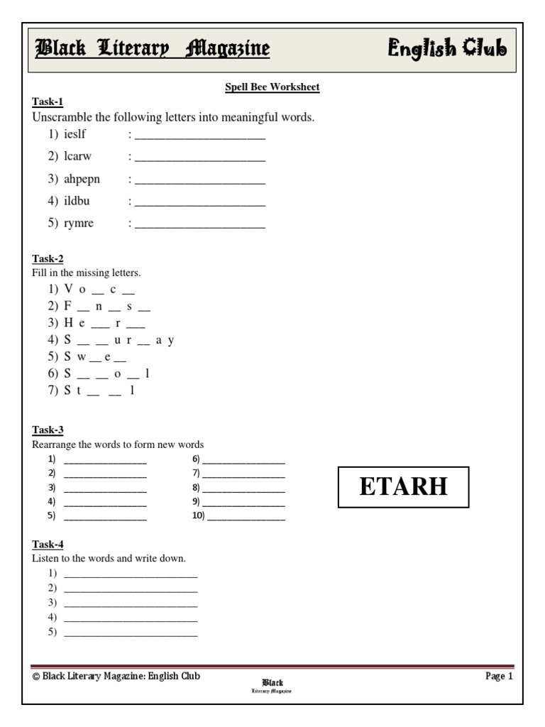 Spell Bee Worksheet - Grade 3 | PDF