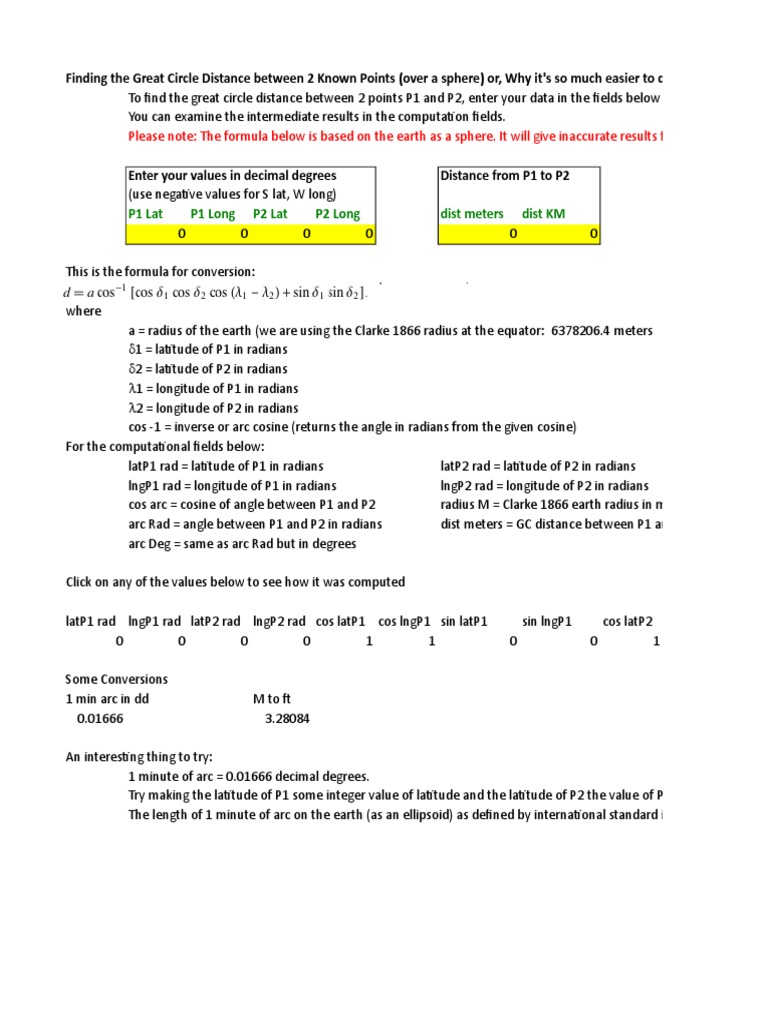 Great Circle Distance Calculation Guide | PDF | Latitude | Longitude