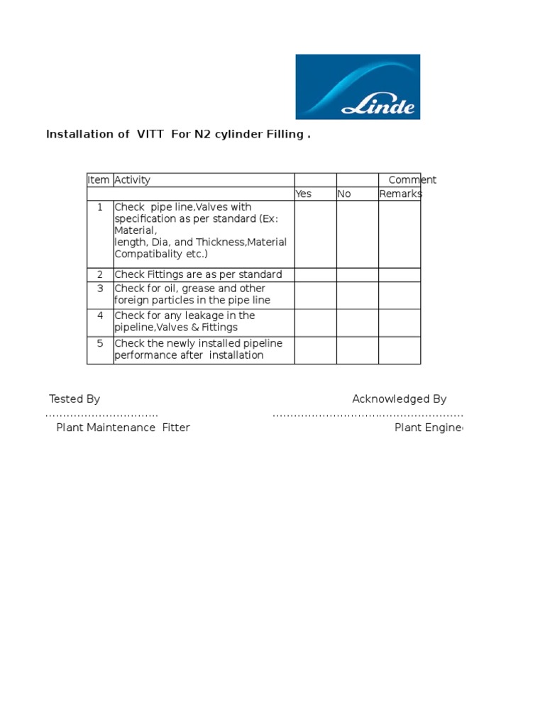 Installation of VITT For N2 Cylinder Filling | PDF