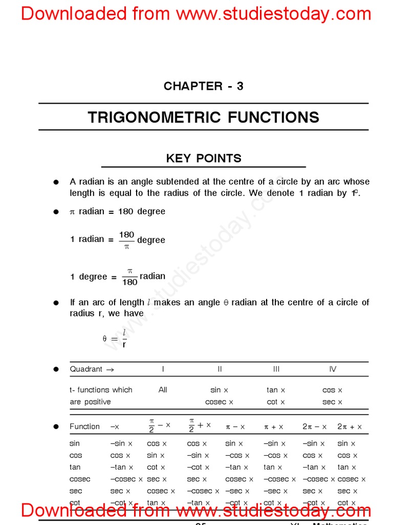 CBSE Class 11 Assignment For Trigonometric Functions PDF | PDF ...