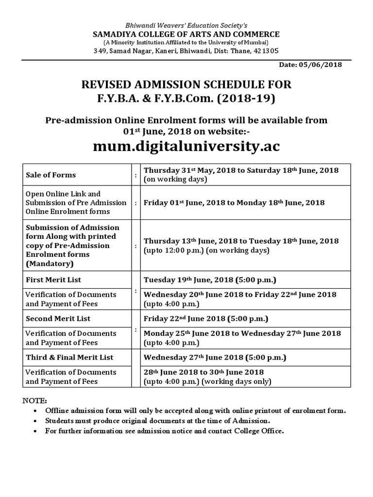 Mum - Digitaluniversity.ac: Revised Admission Schedule For | PDF ...