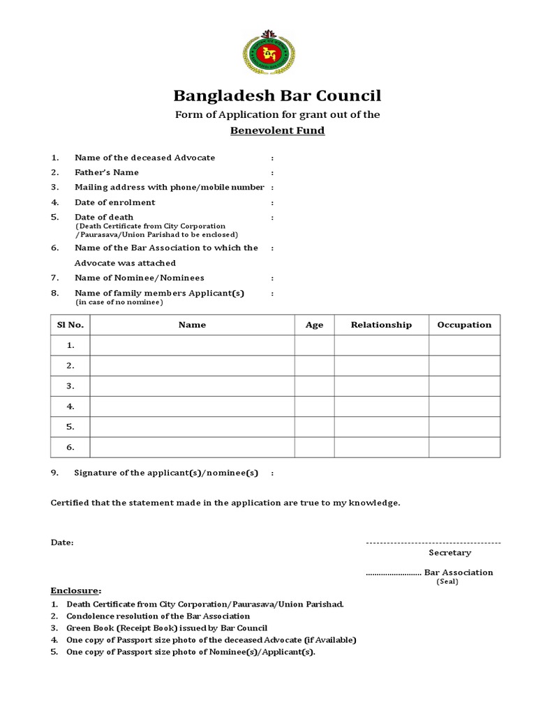 Bangladesh Bar Council: Form of Application For Grant Out of The | PDF