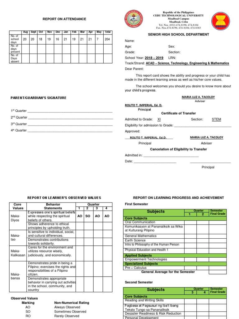 Grade 11 Stem A Report Card | PDF | Behavior Modification | Learning
