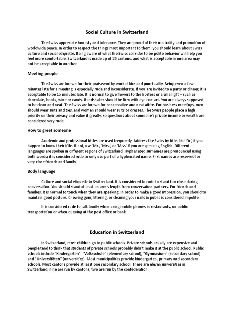Social Culture in Switzerland: Meeting People | PDF | Schools | Primary ...