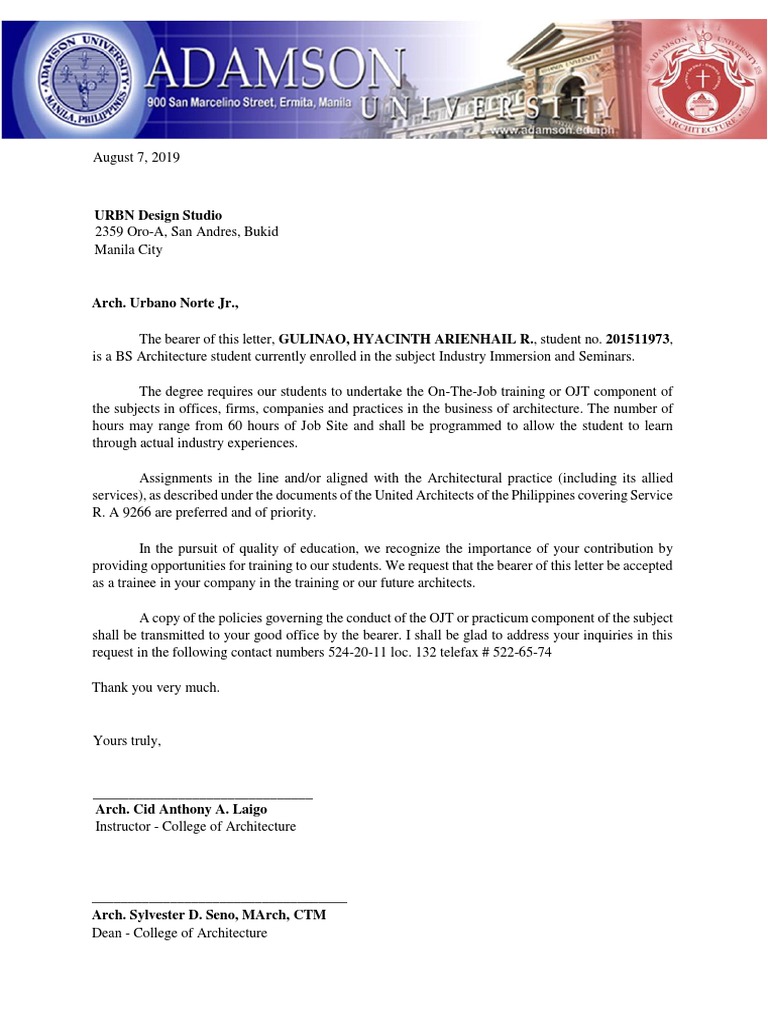 Recommendation Letter for OJT Students | PDF | Architect | Behavior ...