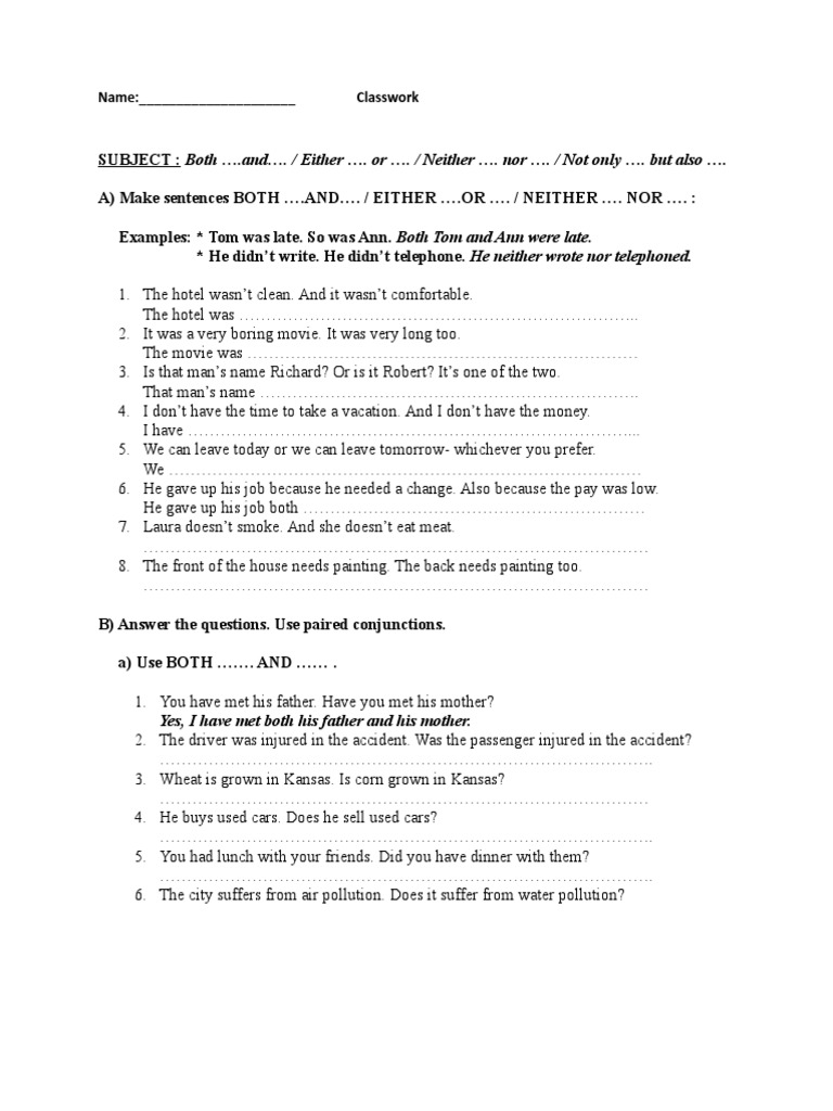 Conjunctions Practice Worksheet | PDF