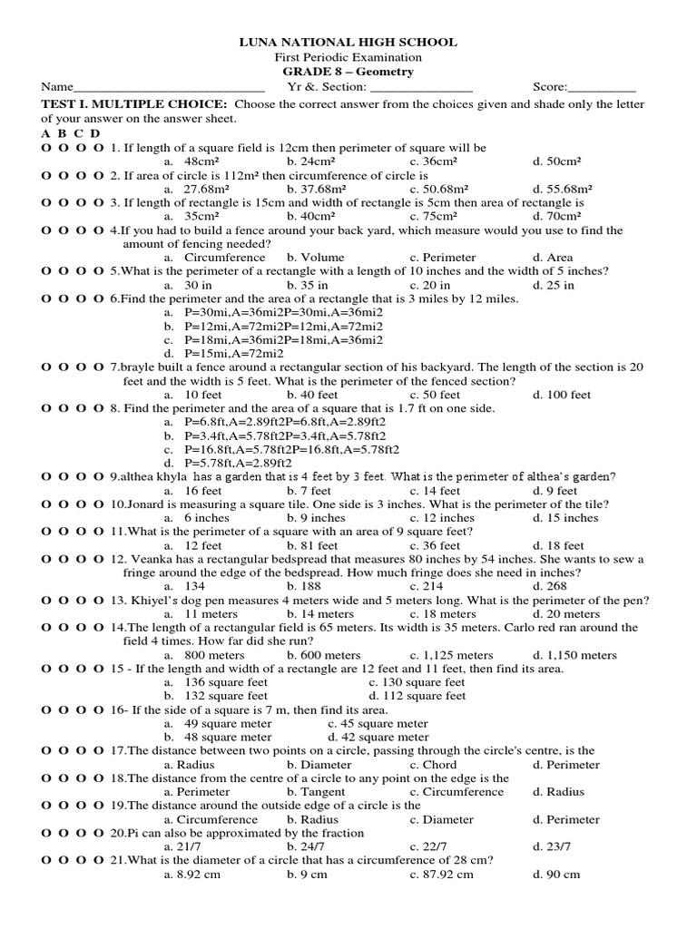 Exam First Grading in Geometry | PDF | Area | Circle