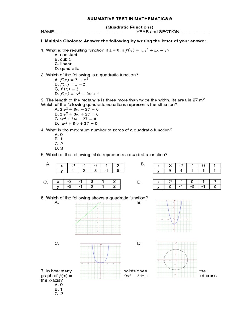 Summative Test in Mathematics 9: Mastering Quadratic Functions through ...