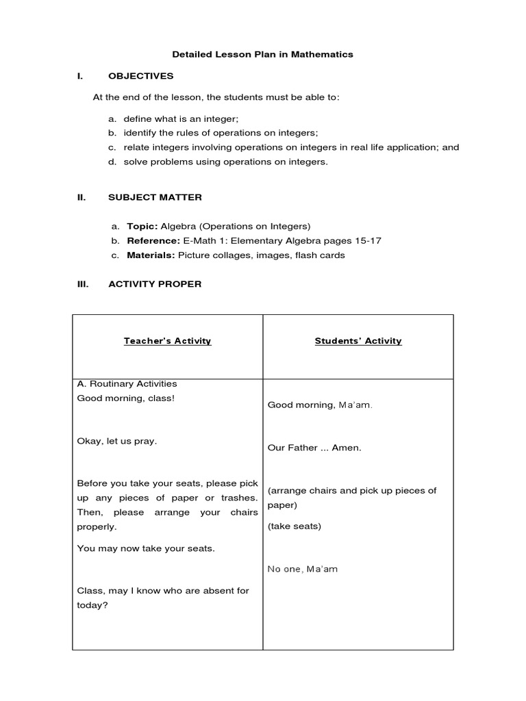 Semi-Detailed Lesson Plan on Integers | PDF | Division (Mathematics ...