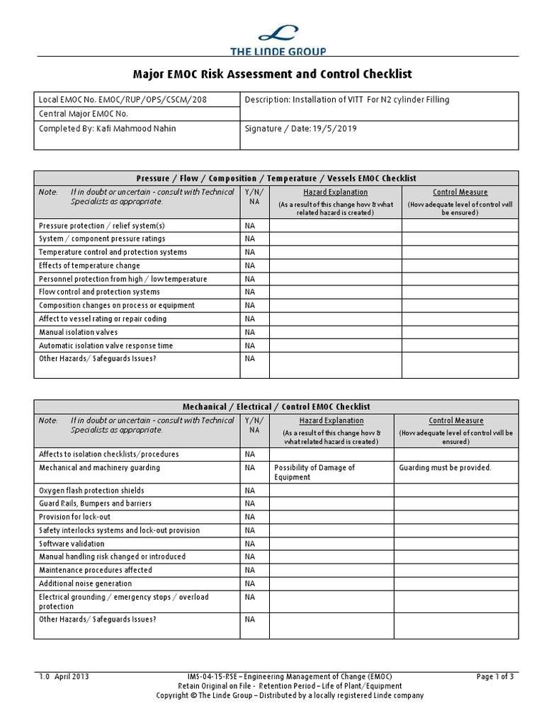 Major EMOC RA and Controls Checklist | PDF | Fires | Prevention