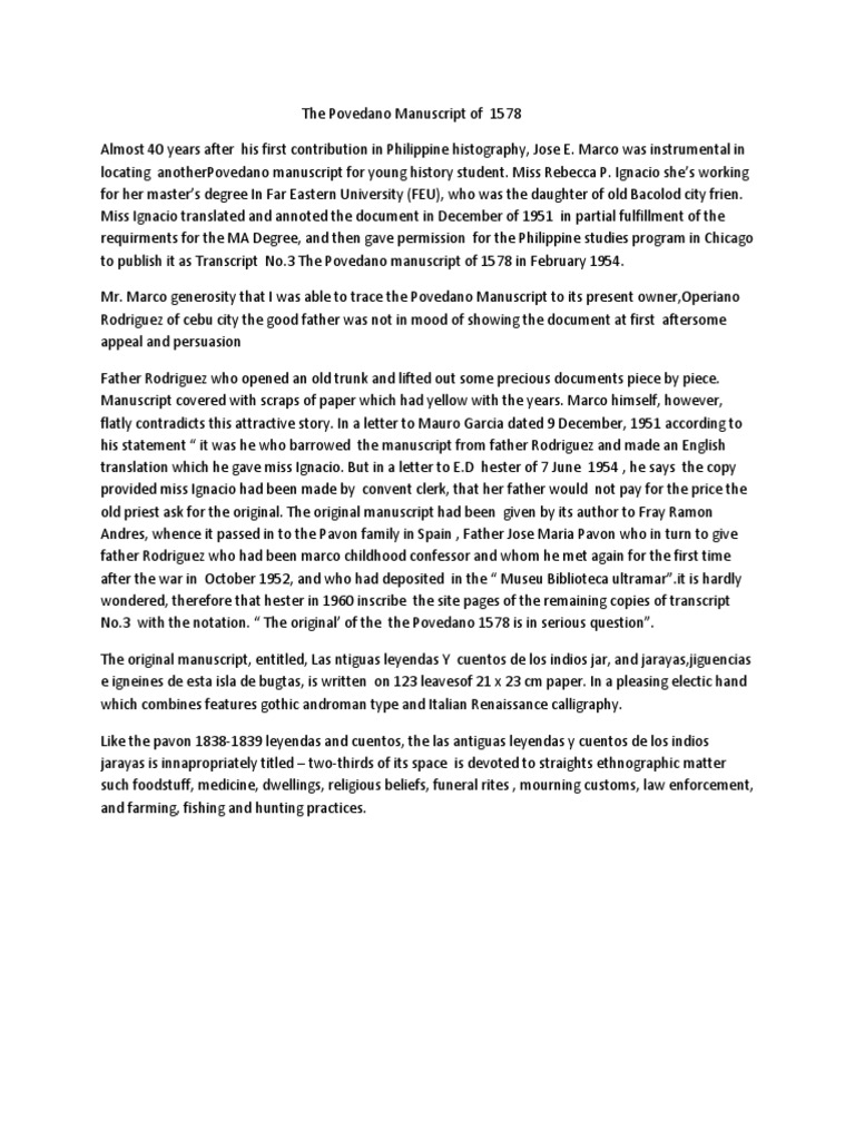 The Povedano Manuscript of 1578 Summary Under Going. | PDF