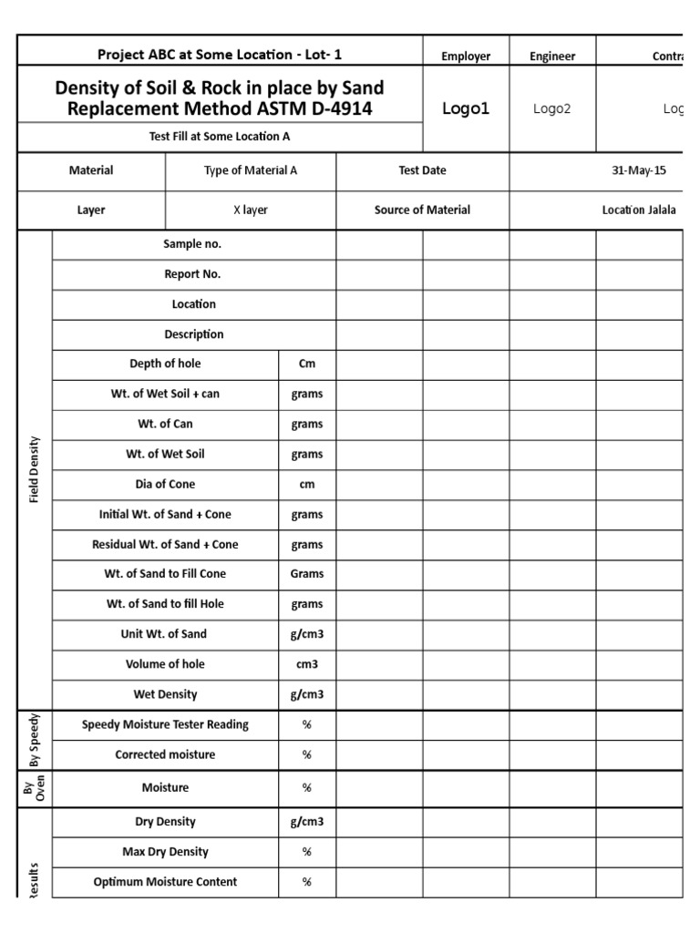 Density of Soil & Rock in Place by Sand Replacement Method ASTM D-4914 | PDF | Density | Soil