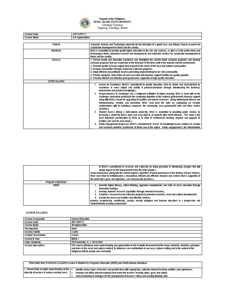 Syllabus in Art Appreciation | PDF | Educational Assessment | Learning