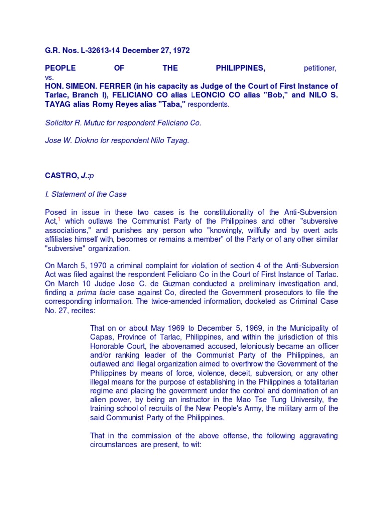 Solicitor R. Mutuc For Respondent Feliciano Co. Jose W. Diokno For ...