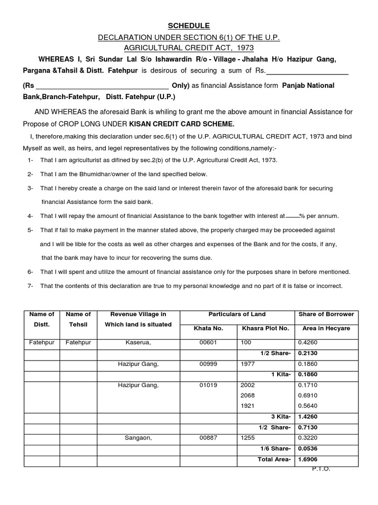 Declaration Under Section 6 (1) of The U.P. Agricultural Credit Act ...