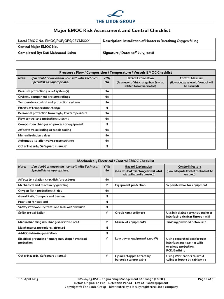 Major EMOC Risk Assessment and Control Checklist | PDF | Fire Safety ...