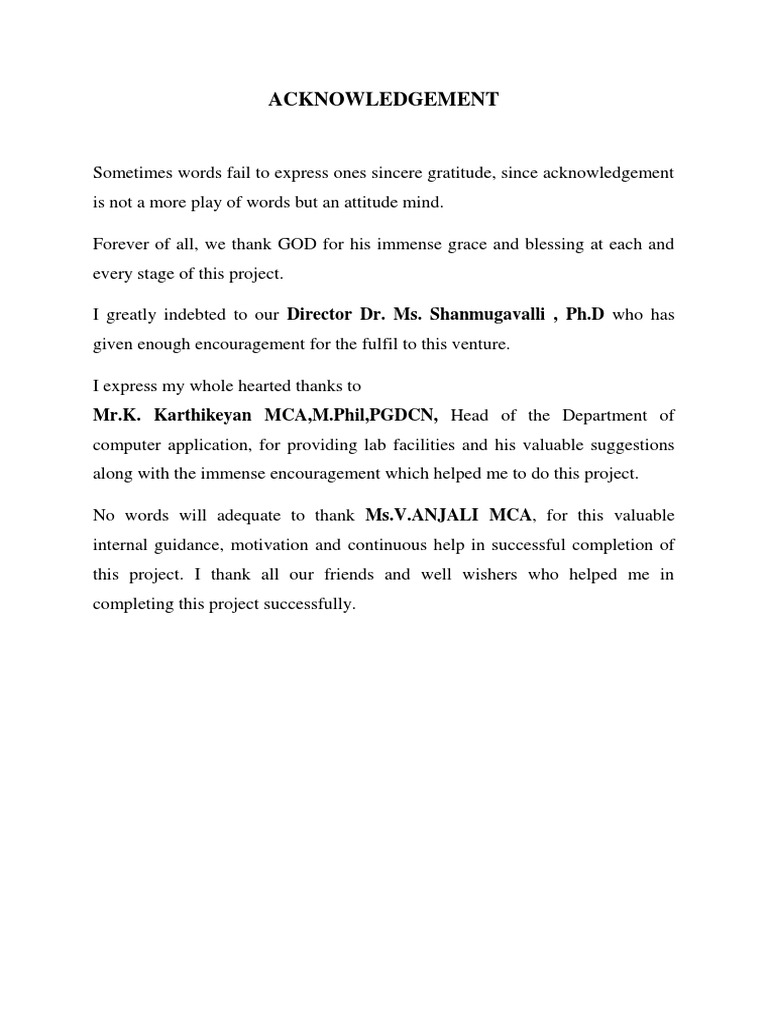 Acknowledgement: Mr.K. Karthikeyan MCA, M.Phil, PGDCN, Head of The Department of | PDF