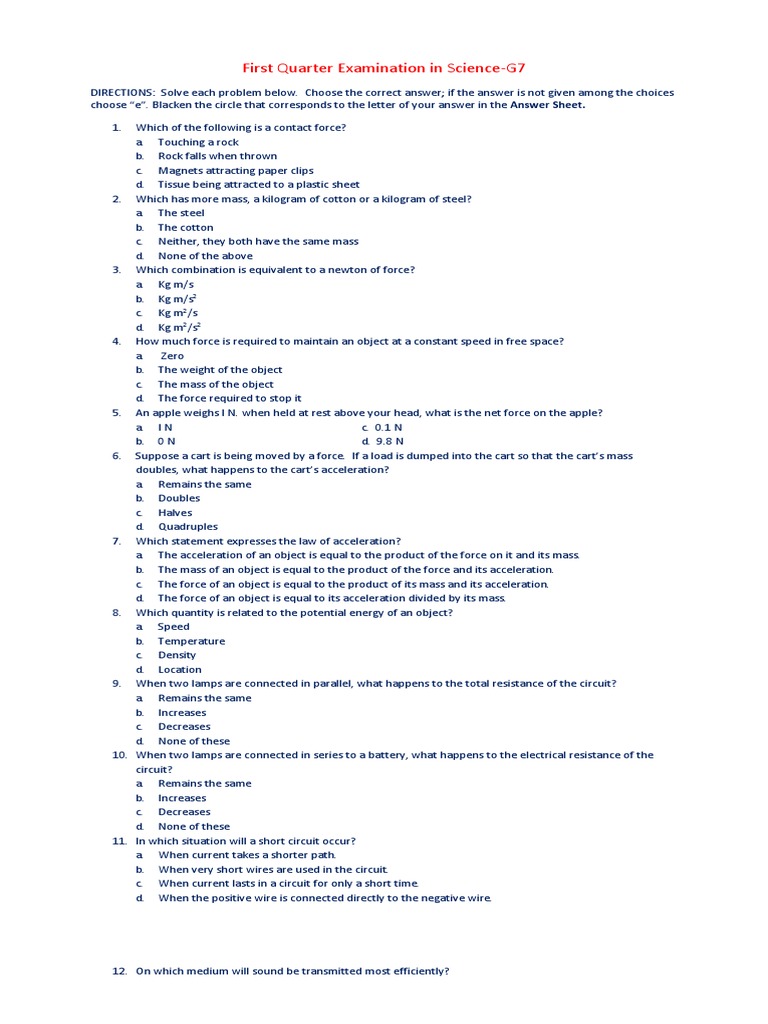 Grade7 1st Quarter Exam in Science | PDF | Force | Mass