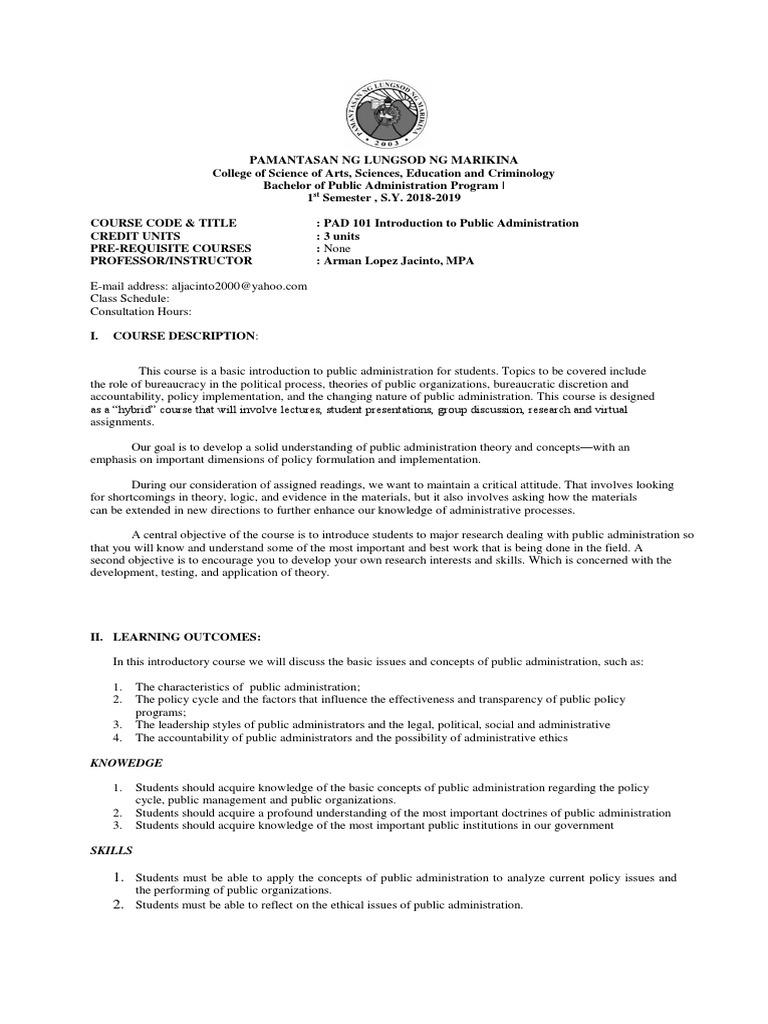 Syllabi PAD 101 Introduction To PA | PDF | Data Analysis | Scientific ...