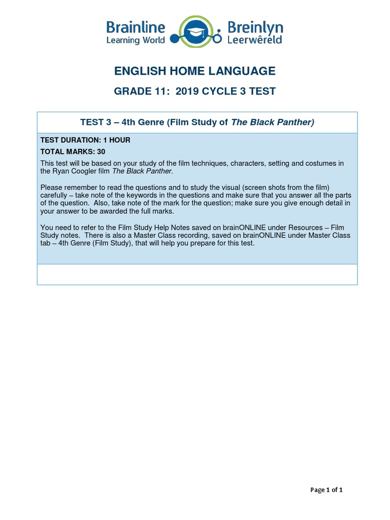 English Home Language: Grade 11: 2019 Cycle 3 Test | PDF