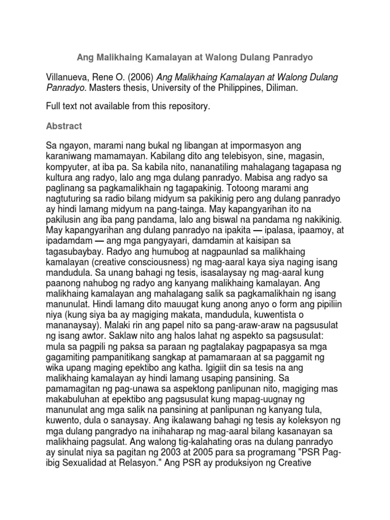 Ang Malikhaing Kamalayan at Walong Dulang Panradyo | PDF