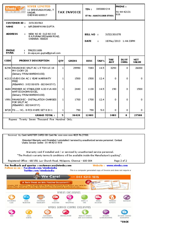 Tax Invoice: Vivek Limited | PDF | Computing | Computing And ...