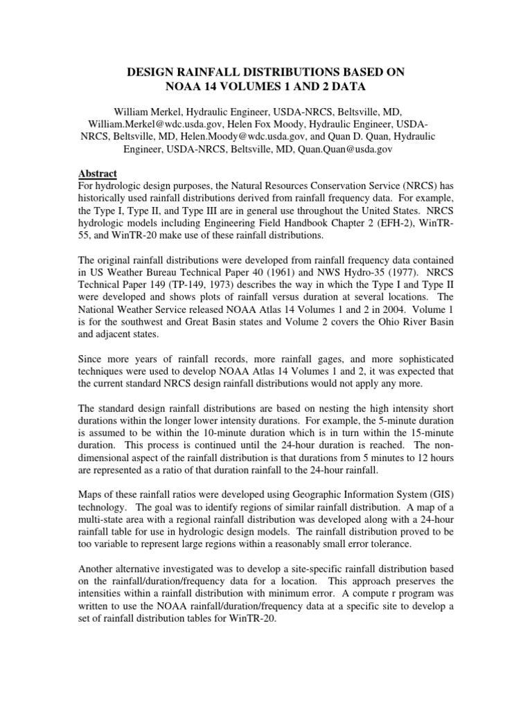 Design Rainfall Distributions Based On Noaa 14 Volumes 1 and 2 Data ...