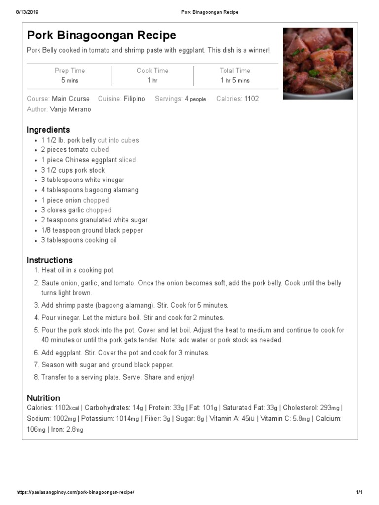 Pork Binagoongan Recipe: Ingredients | PDF