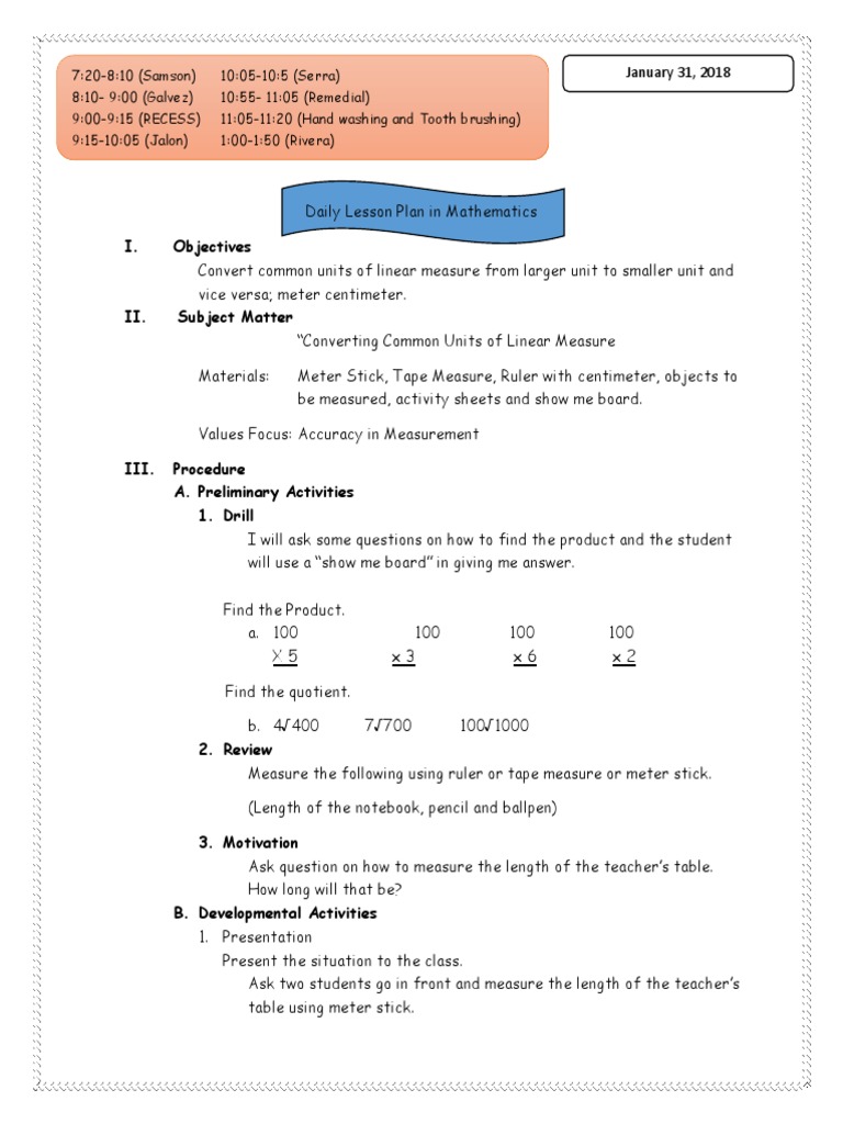 Daily Lesson Plan in Mathematics | PDF | Metre | Teaching Mathematics