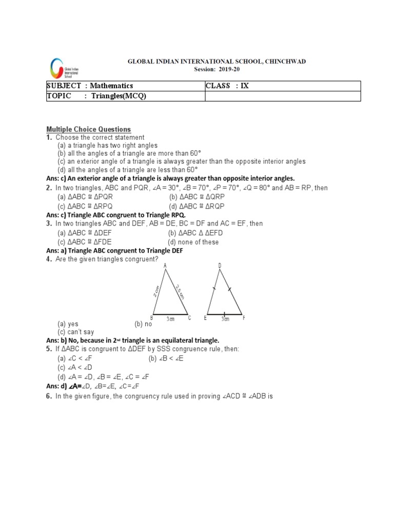 Triangle Congruence MCQs for IX Class | PDF | Science & Mathematics ...