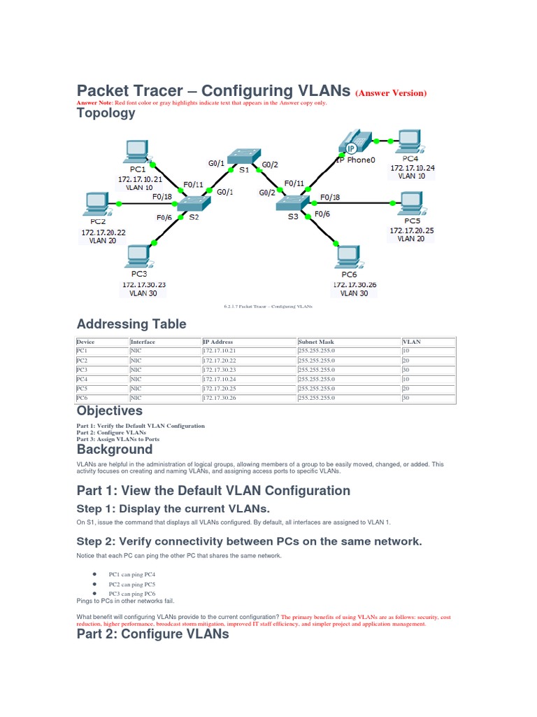 Packet Tracer - Configuring Vlans: Topology | PDF | Network Interface ...