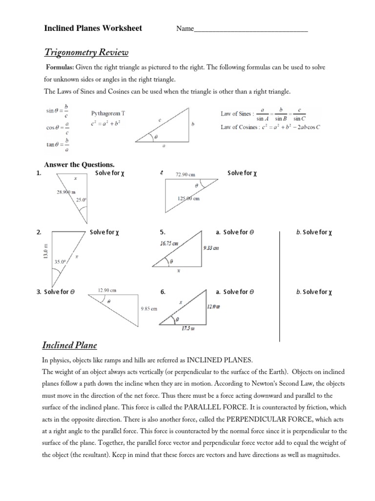 Trigonometry Review: Inclined Planes Worksheet | PDF | Trigonometric ...