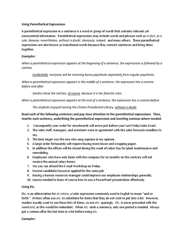 Using Parenthetical Expressions: Examples | PDF | Comma