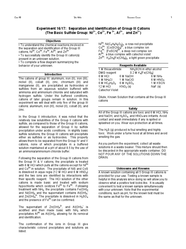 Group III Cations Separation Experiment | PDF | Hydroxide ...