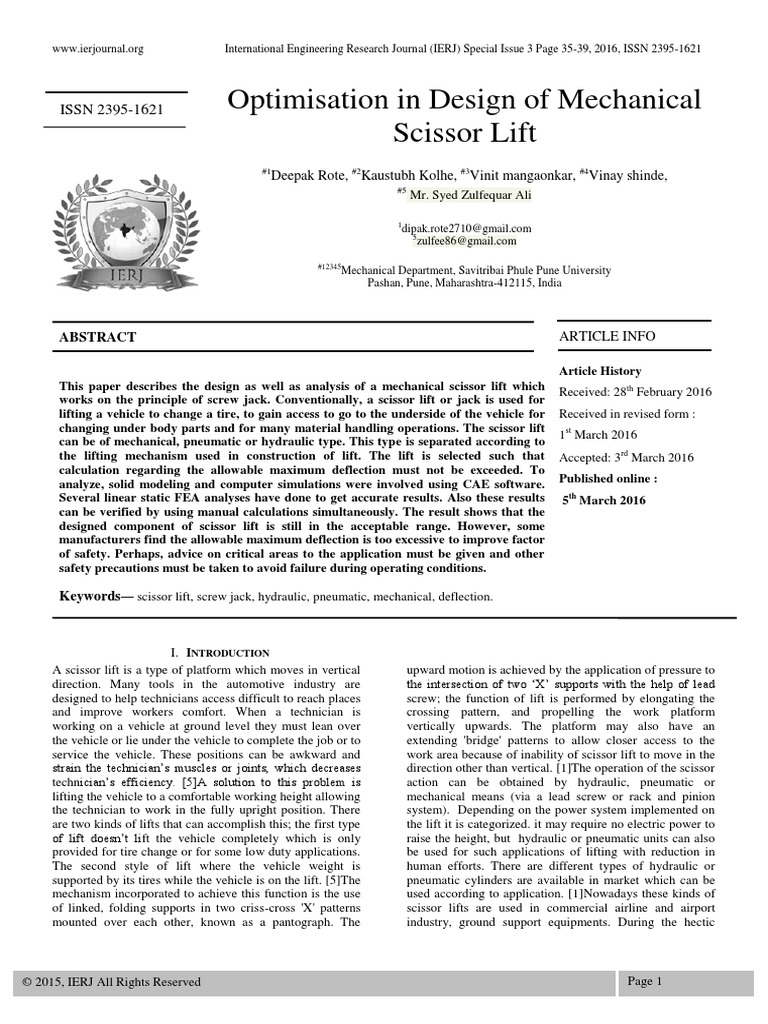 9.optimisation in Design of Mechanical Scissor Lift | PDF | Elevator | Strength Of Materials