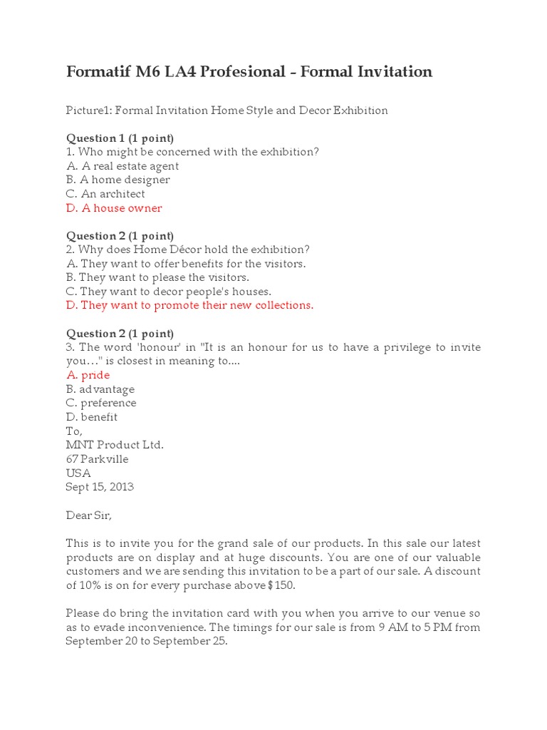 Formatif M6 LA4 Profesional - Formal Invitation: Question 1 (1 Point) | PDF | Marketing | Business