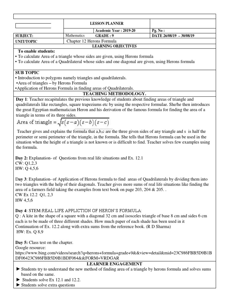Heron's Formula Lesson Plan for Class 9 | PDF | Area | Triangle