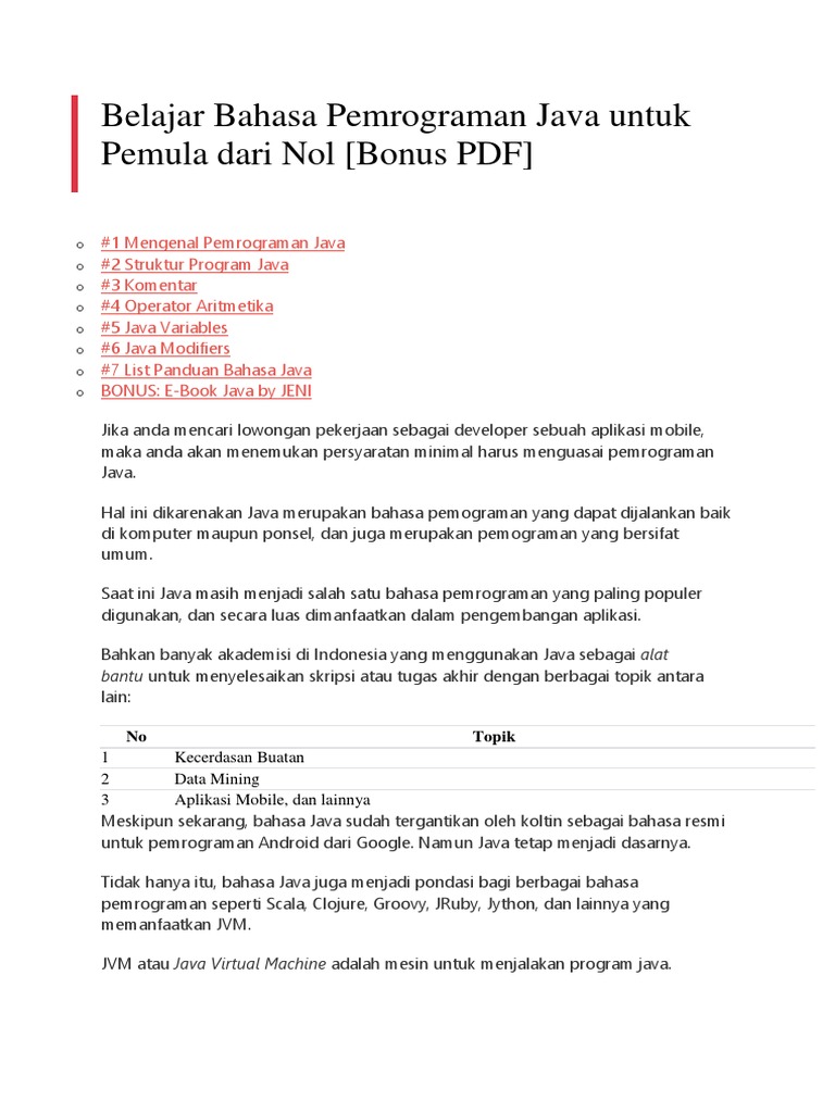 Belajar Bahasa Pemrograman Java Untuk Pemula Dari Nol | PDF